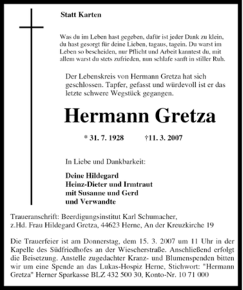Traueranzeigen von Hermann Gretza | Trauer-in-NRW.de
