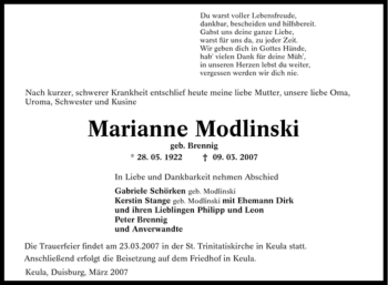 Traueranzeigen von Marianne Modlinski | Trauer-in-NRW.de