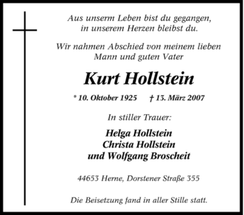 Traueranzeigen von Kurt Hollstein | Trauer-in-NRW.de
