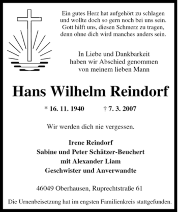 Traueranzeigen von Hans Wilhelm Reindorf | Trauer-in-NRW.de