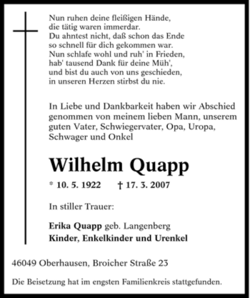 Traueranzeigen von Wilhelm Quapp | Trauer-in-NRW.de