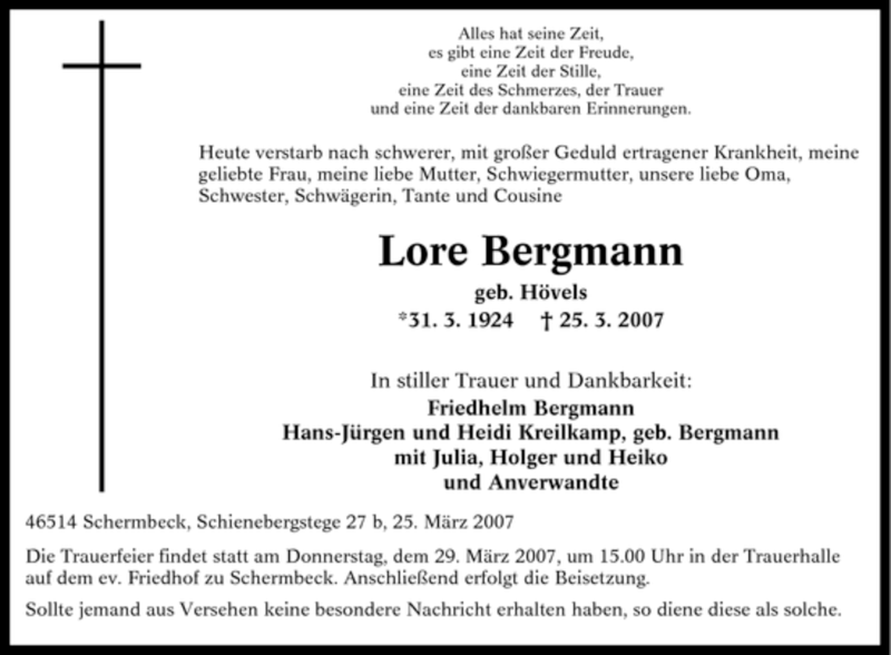 Traueranzeigen von Lore Bergmann | Trauer-in-NRW.de
