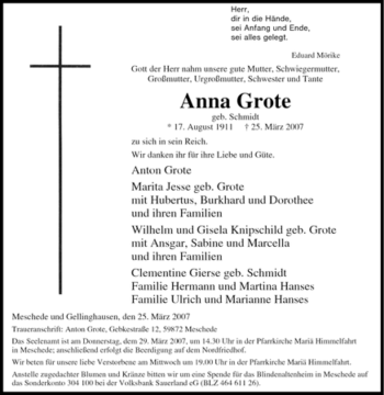 Traueranzeigen von Anna Grote | Trauer-in-NRW.de