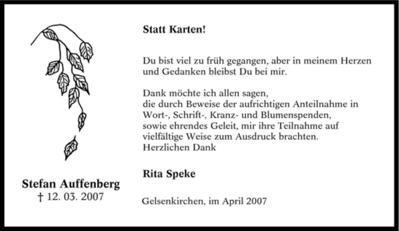 Traueranzeigen von Stefan Auffenberg | Trauer-in-NRW.de
