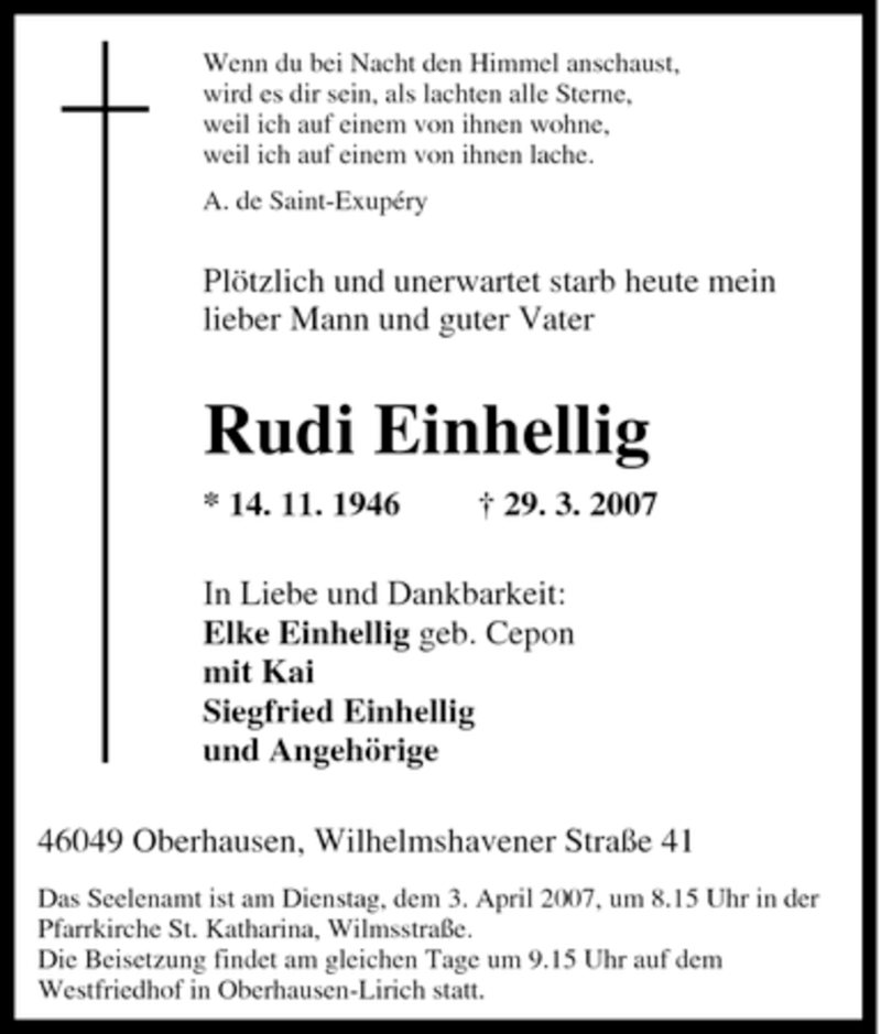 Traueranzeigen von Rudi Einhellig | Trauer-in-NRW.de