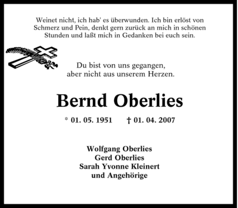 Traueranzeigen von Bernd Oberlies | Trauer-in-NRW.de