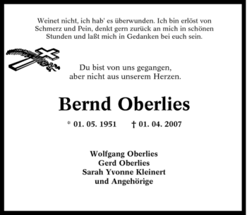 Traueranzeigen von Bernd Oberlies | Trauer-in-NRW.de