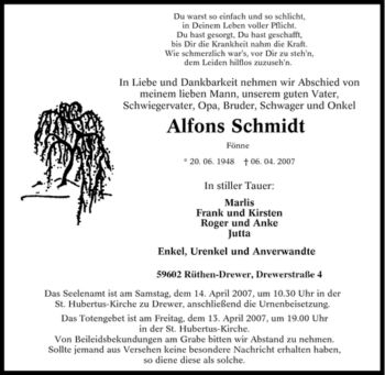 Traueranzeigen von Alfons Schmidt | Trauer-in-NRW.de