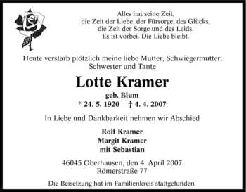 Traueranzeigen von Lotte Kramer | Trauer-in-NRW.de