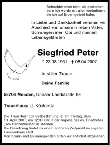 Traueranzeigen von Siegfried Peter | Trauer-in-NRW.de