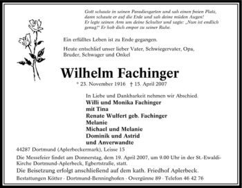 Traueranzeigen von Wilhelm Fachinger | Trauer-in-NRW.de