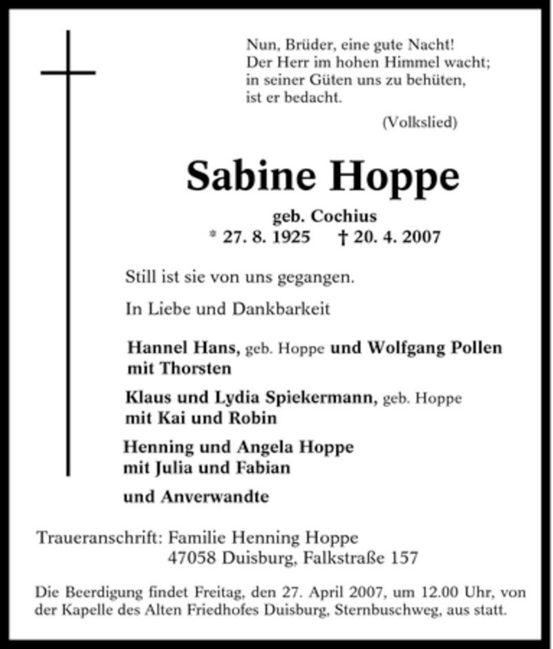 Traueranzeigen von Sabine Hoppe | Trauer-in-NRW.de