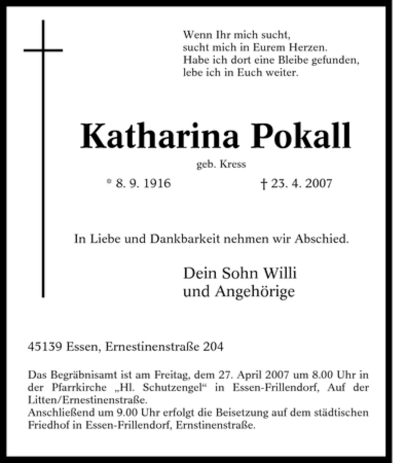 Traueranzeigen von Katharina Pokall | Trauer-in-NRW.de