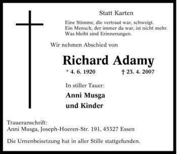 Traueranzeigen von Richard Adamy | Trauer-in-NRW.de