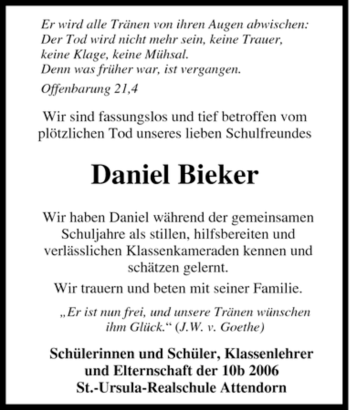 Traueranzeigen von Daniel Bieker | Trauer-in-NRW.de