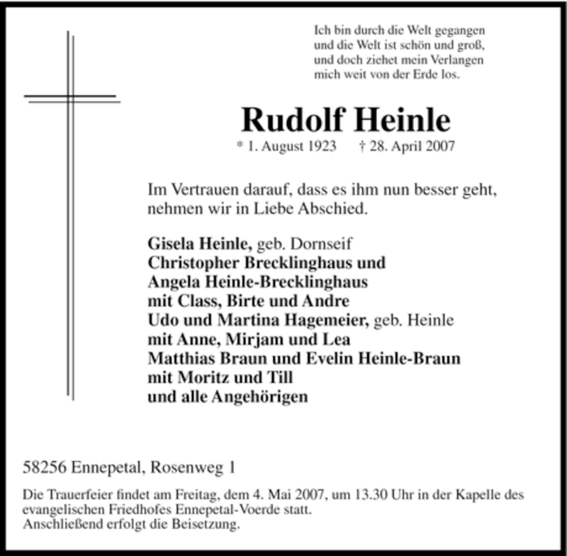 Traueranzeigen von Rudolf Heinle | Trauer-in-NRW.de