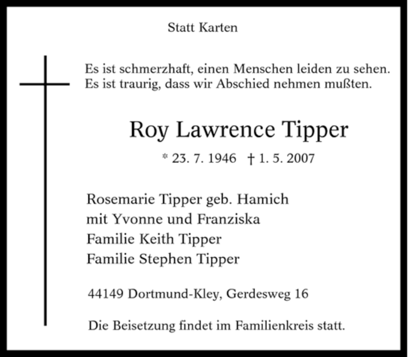 Traueranzeigen von Roy Lawrence Tipper | Trauer-in-NRW.de