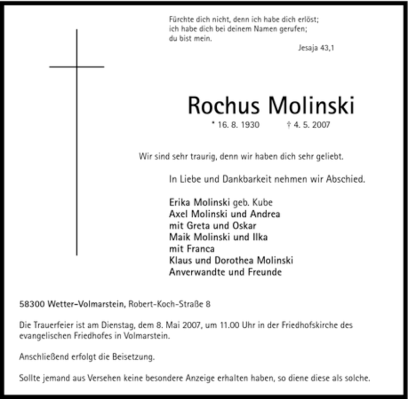 Traueranzeigen von Rochus Molinski | Trauer-in-NRW.de