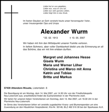 Traueranzeigen von Alexander Wurm | Trauer-in-NRW.de