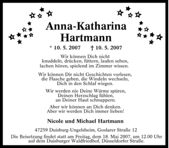 Traueranzeigen von Anna-Katharina Hartmann | Trauer-in-NRW.de