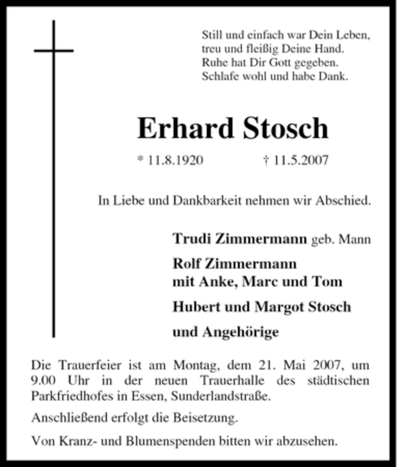 Traueranzeigen von Erhard Stosch | Trauer-in-NRW.de
