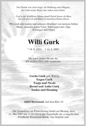 Traueranzeigen von Willi Gurk | Trauer-in-NRW.de Traueranzeigen von Willi Gurk | Trauer-in-NRW.de