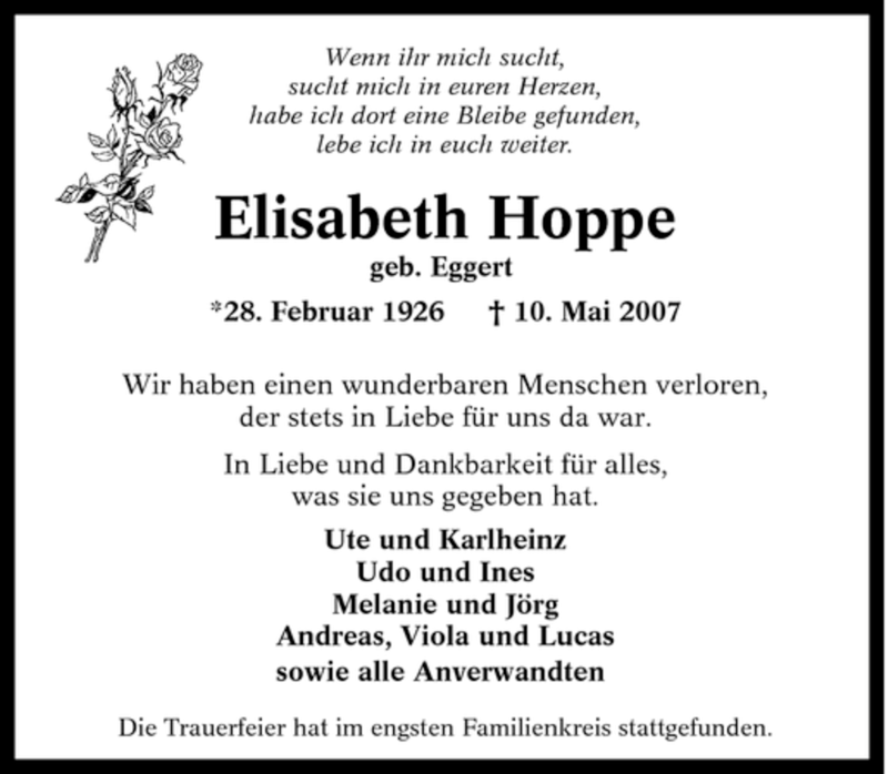 Traueranzeigen von Elisabeth Hoppe | Trauer-in-NRW.de