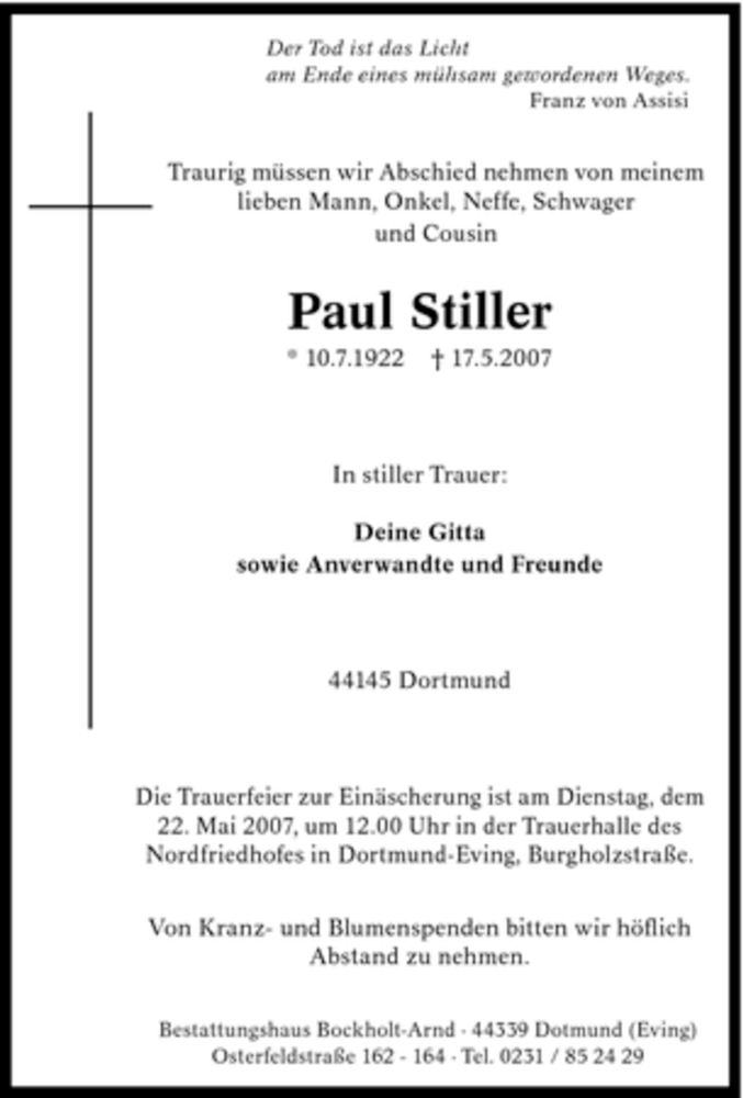 Traueranzeigen von Paul Stiller | Trauer-in-NRW.de