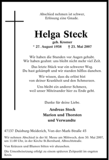 Traueranzeigen von Helga Steck | Trauer-in-NRW.de