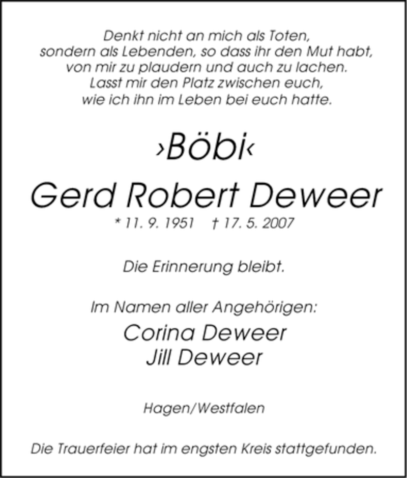 Traueranzeigen von Gerd Robert Deweer | Trauer-in-NRW.de