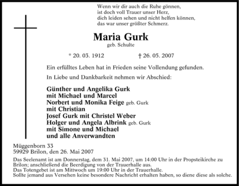 Traueranzeigen von Maria Gurk | Trauer-in-NRW.de Traueranzeigen von Maria Gurk | Trauer-in-NRW.de