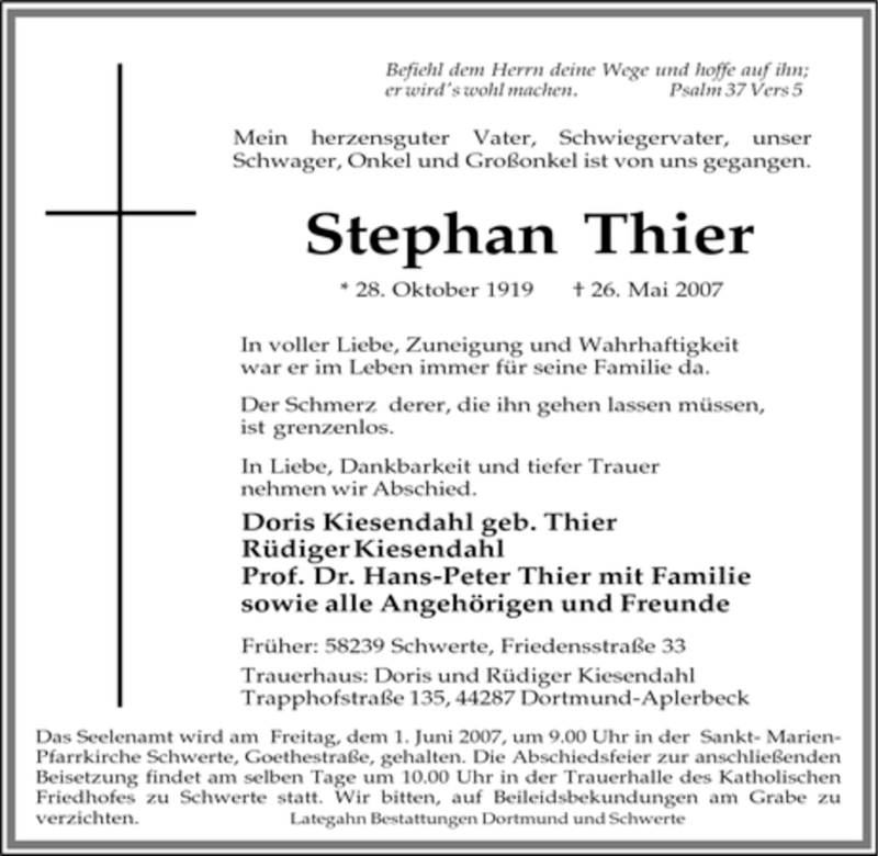 Traueranzeigen von Stephan Thier | Trauer-in-NRW.de