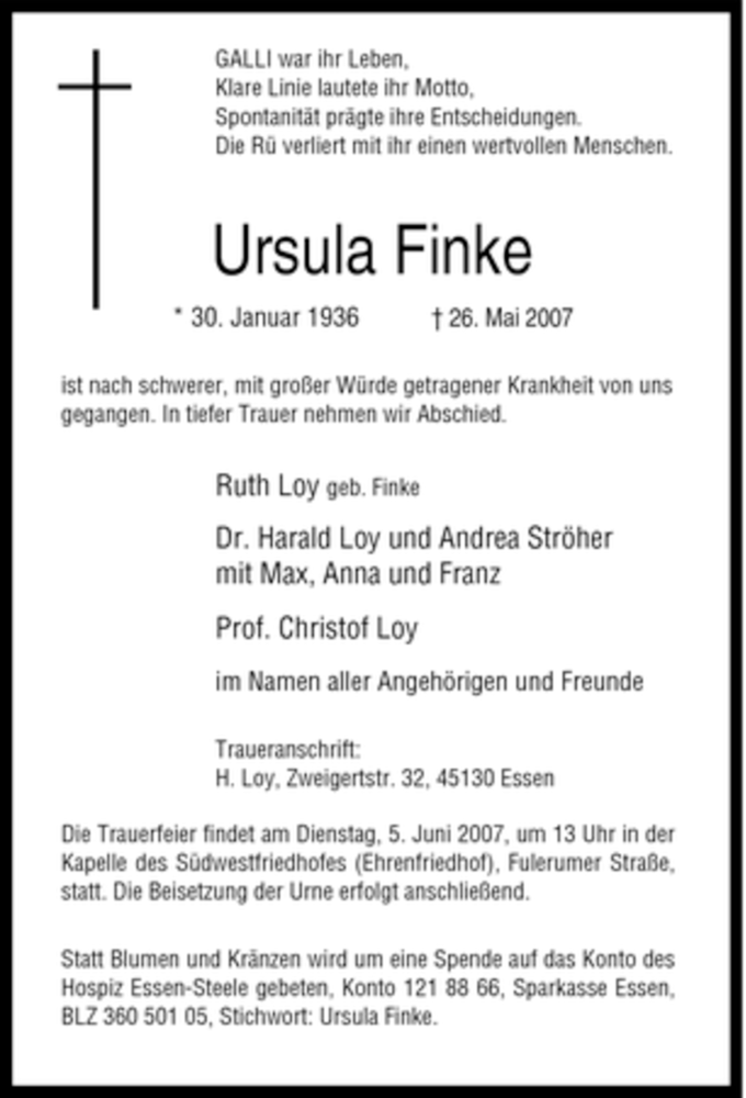 Traueranzeigen von Ursula Finke | Trauer-in-NRW.de