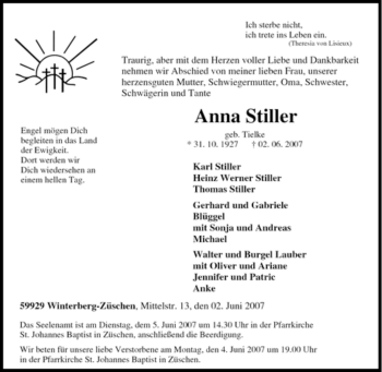 Traueranzeigen von Anna Stiller | Trauer-in-NRW.de