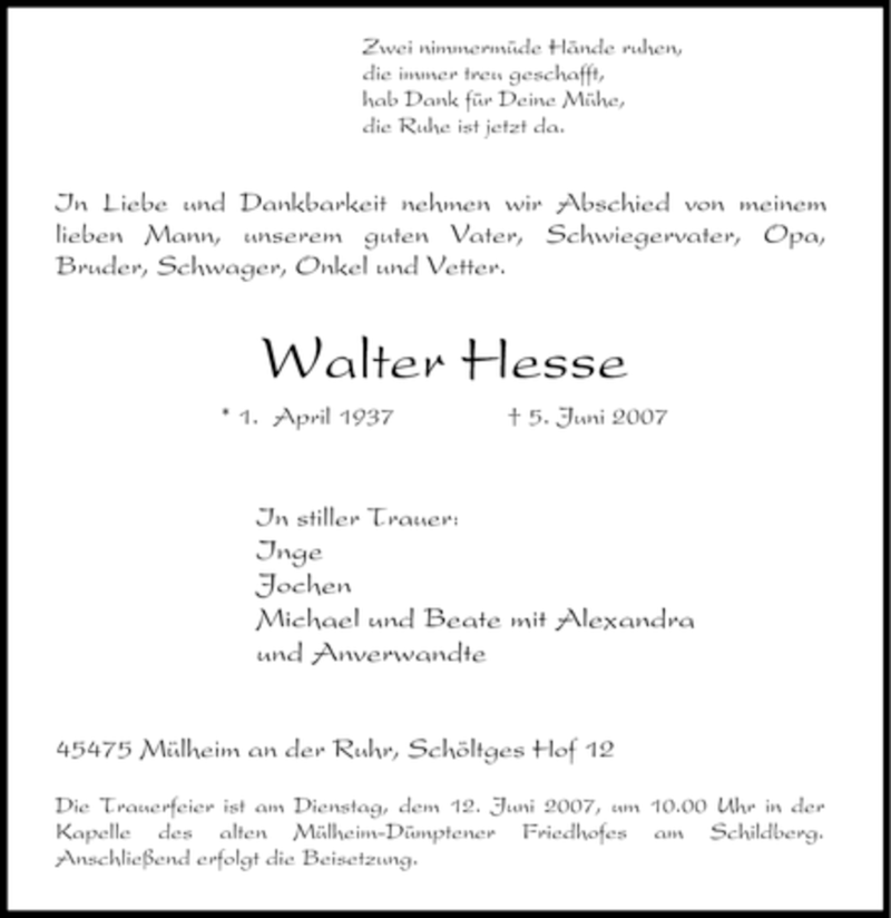 Traueranzeigen von Walter Hesse | Trauer-in-NRW.de