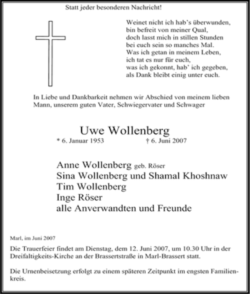 Traueranzeigen von Uwe Wollenberg | Trauer-in-NRW.de