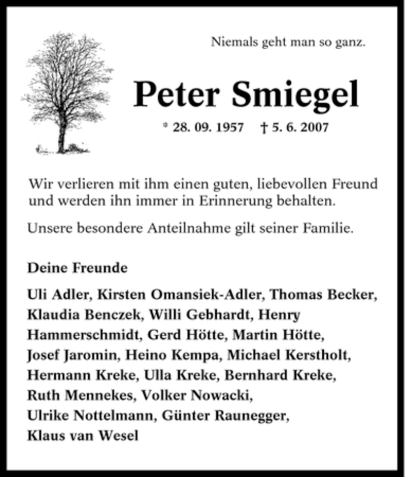 Traueranzeigen von Peter Smiegel | Trauer-in-NRW.de