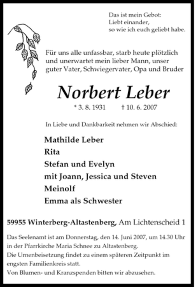 Traueranzeigen von Norbert Leber | Trauer-in-NRW.de