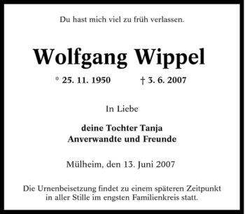 Traueranzeigen von Wolfgang Wippel | Trauer-in-NRW.de