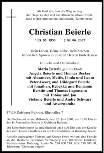 Traueranzeigen von Christian Beierle | Trauer-in-NRW.de