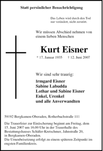 Traueranzeigen von Kurt Eisner | Trauer-in-NRW.de