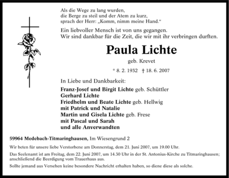 Traueranzeigen von Paula Lichte | Trauer-in-NRW.de