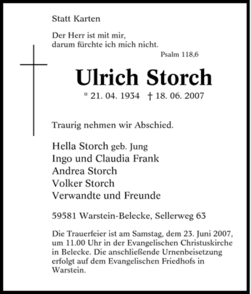 Traueranzeigen von Ulrich Storch | Trauer-in-NRW.de