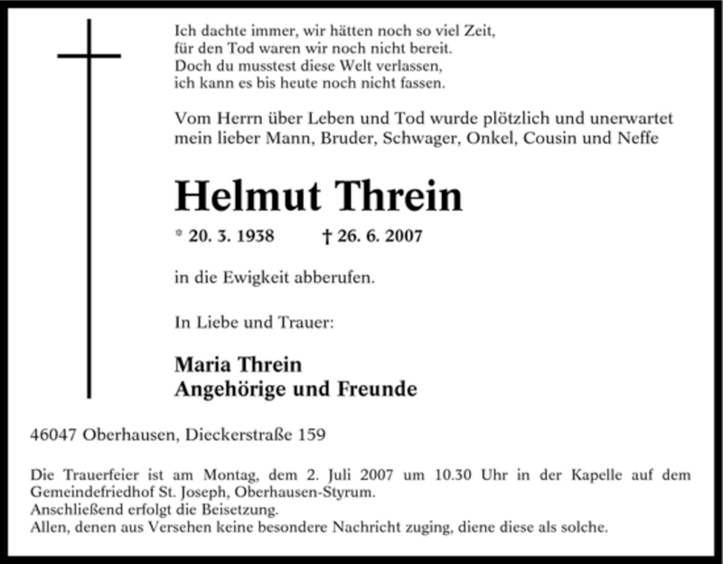 Traueranzeigen von Helmut Threin | Trauer-in-NRW.de