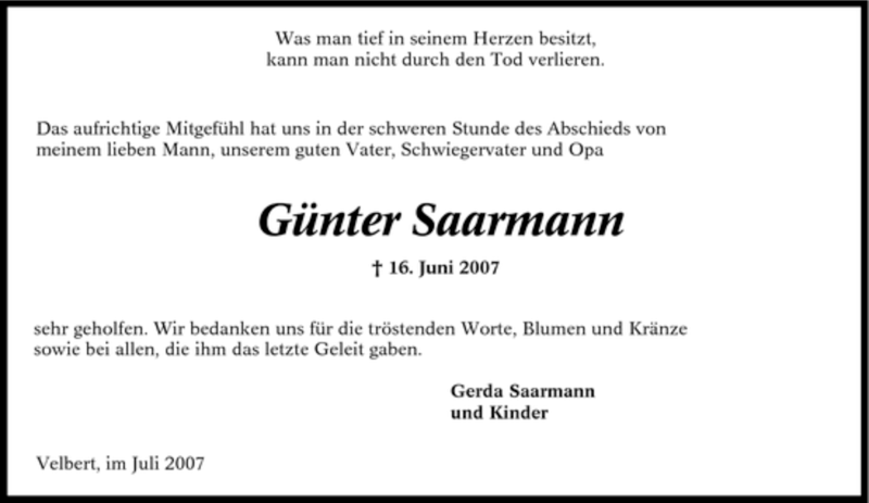 Traueranzeigen von Günter Saarmann | Trauer-in-NRW.de