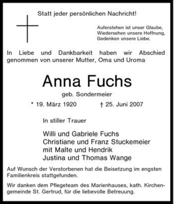 Traueranzeigen von Anna Fuchs | Trauer-in-NRW.de