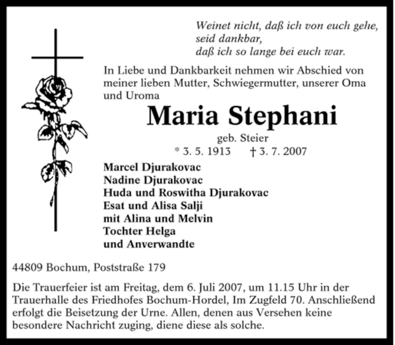 Traueranzeigen von Maria Stephani | Trauer-in-NRW.de