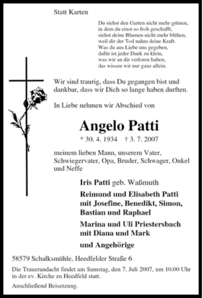 Traueranzeigen von Angelo Patti | Trauer-in-NRW.de