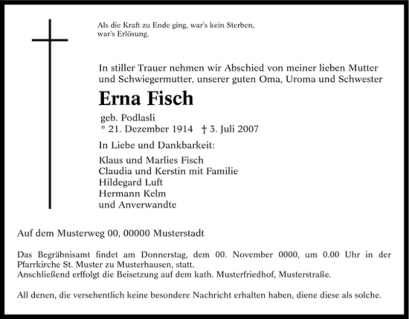 Traueranzeigen von Erna Fisch | Trauer-in-NRW.de