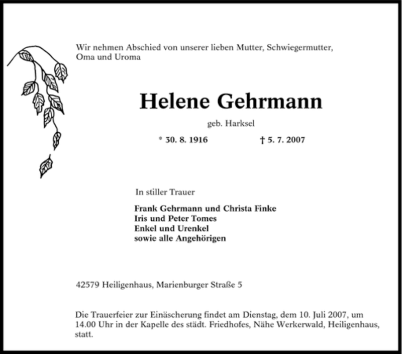 Traueranzeigen von Helene Gehrmann | Trauer-in-NRW.de